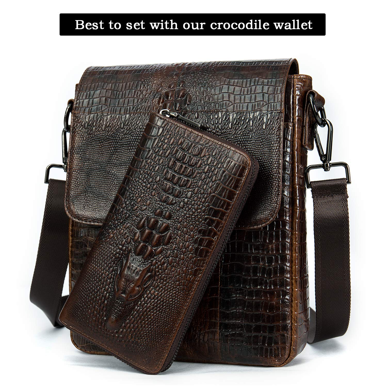 NIUCUNZH Leather Flap Messenger Bag for Men Small Crossbody Shoulder Bag,Novelty Crocodile Embossed Coffee