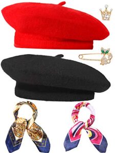 6 pieces wool beret hat solid color french beanie hat with silky scarf brooch (black and beige)