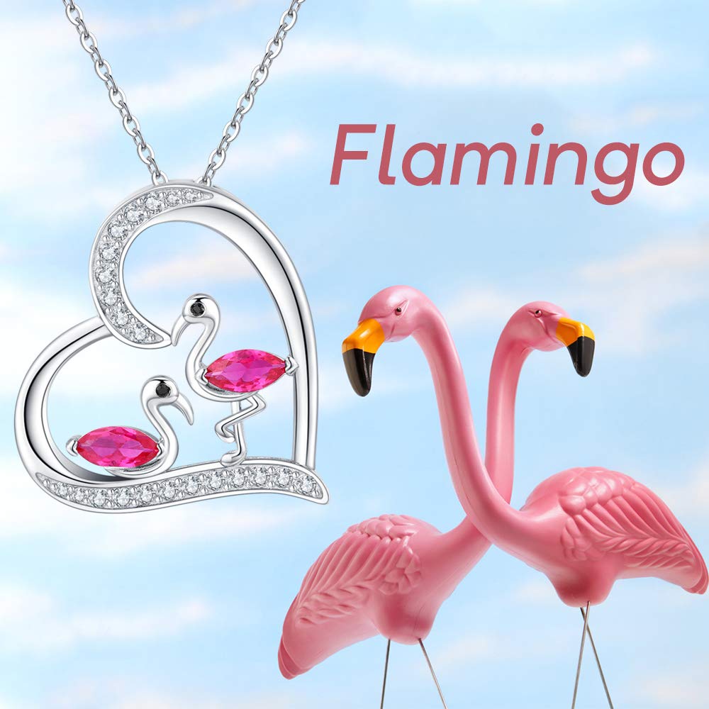 JUSTKIDSTOY Flamingo Necklace 925 Sterling Silver Animal Heart Pendant with Cubic Zirconia, Flamingo Bird Pendant Necklace Mothers Day Gifts for Women Wife Girlfriend