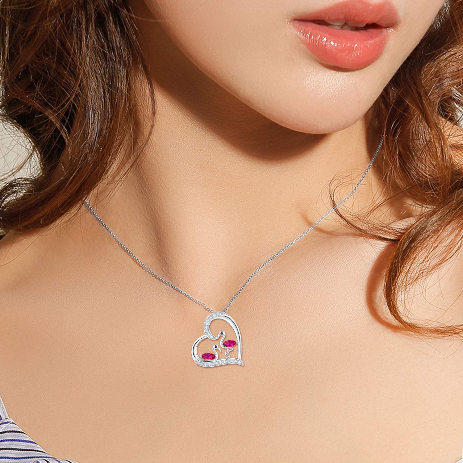 JUSTKIDSTOY Flamingo Necklace 925 Sterling Silver Animal Heart Pendant with Cubic Zirconia, Flamingo Bird Pendant Necklace Mothers Day Gifts for Women Wife Girlfriend