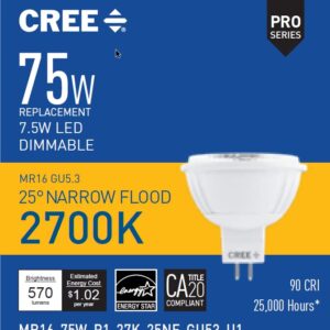 Cree Lighting MR16-75W-P1-27K-25NF-GU53-U1 Pro Series MR16 GU5.3 75W Equivalent LED Bulb (Dimmable) 540 lumens Soft White 2700K 1 Pack