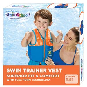 new swimschool swim trainer vest – small/medium max 33 pounds – kids swim vest with padded shoulders – comfortable flex-form-fit design with adjustable safety strap – blue/orange