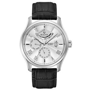 bulova men's classic 6 hand power reserve leather strap watch, white dial with black strap