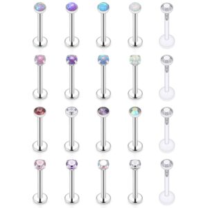 scerring 20pcs 16g 8mm stainless steel labret monroe lip ring tragus nail helix earring stud piercing jewelry with 3mm clear cz opal