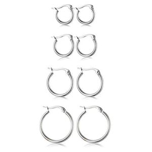 cvayu 4 pairs stainless steel round hoop cute huggie earrings for women girls small hoop earring set(10mm,15mm,20mm,25mm) (silver tone-4pairs)