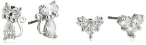 betsey johnson cz stone delicate cat & bow duo stud earrings set