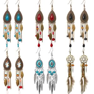 6 pairs women faux feather earrings dream catcher earring bohemian fringe tassel long drop dangle earrings set with design for women (style 5)