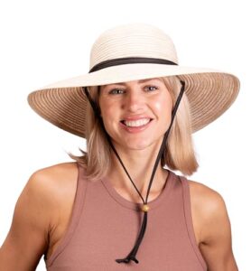 sloggers women's wide brim braided sun hat with wind lanyard - upf 50+ maximum sun protection stone