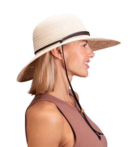 Sloggers Women's Wide Brim Braided Sun Hat with Wind Lanyard - UPF 50+ Maximum Sun Protection Stone