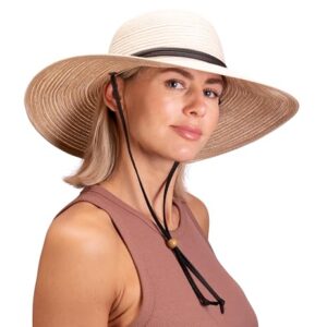 Sloggers Women's Wide Brim Braided Sun Hat with Wind Lanyard - UPF 50+ Maximum Sun Protection Stone