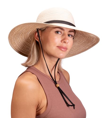 Sloggers Women's Wide Brim Braided Sun Hat with Wind Lanyard - UPF 50+ Maximum Sun Protection Stone