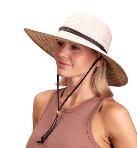 Sloggers Women's Wide Brim Braided Sun Hat with Wind Lanyard - UPF 50+ Maximum Sun Protection Stone