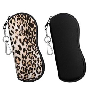 moko eyeglasses case, (2 pack) soft zippered neoprene sunglasses pouch protective eyewear case bag with clip for men and women, black and leopard