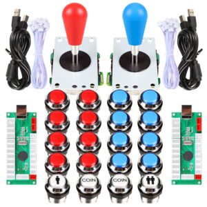 fosiya 2 player arcade games ellipse oval style 8 ways joystick + 20 x led chrome arcade buttons for video games standard controllers all windows pc mame raspberry pi (red + blue chrome buttons)