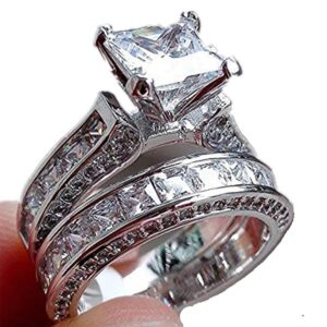 Luxury and Shining 2-in-1 Womens Vintage White Diamond Silver Engagement Wedding Band Ring Set