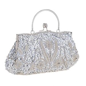 Abbie Home Beaded Sequins Sparkle Evening Handbag Wedding Bridal Party Prom Women's Clutch tote bag (Silver)