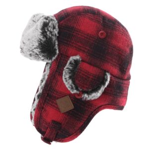 jeff & aimy winter red buffalo plaid trapper hat for men women lumberjack faux fur hunting ear flap windproof ushanka russian snow ski 55-58cm