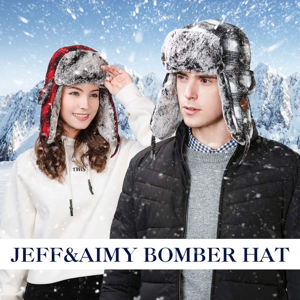 Jeff & Aimy Winter Red Buffalo Plaid Trapper Hat for Men Women Lumberjack Faux Fur Hunting Ear Flap Windproof Ushanka Russian Snow Ski 55-58CM