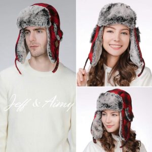 Jeff & Aimy Winter Red Buffalo Plaid Trapper Hat for Men Women Lumberjack Faux Fur Hunting Ear Flap Windproof Ushanka Russian Snow Ski 55-58CM