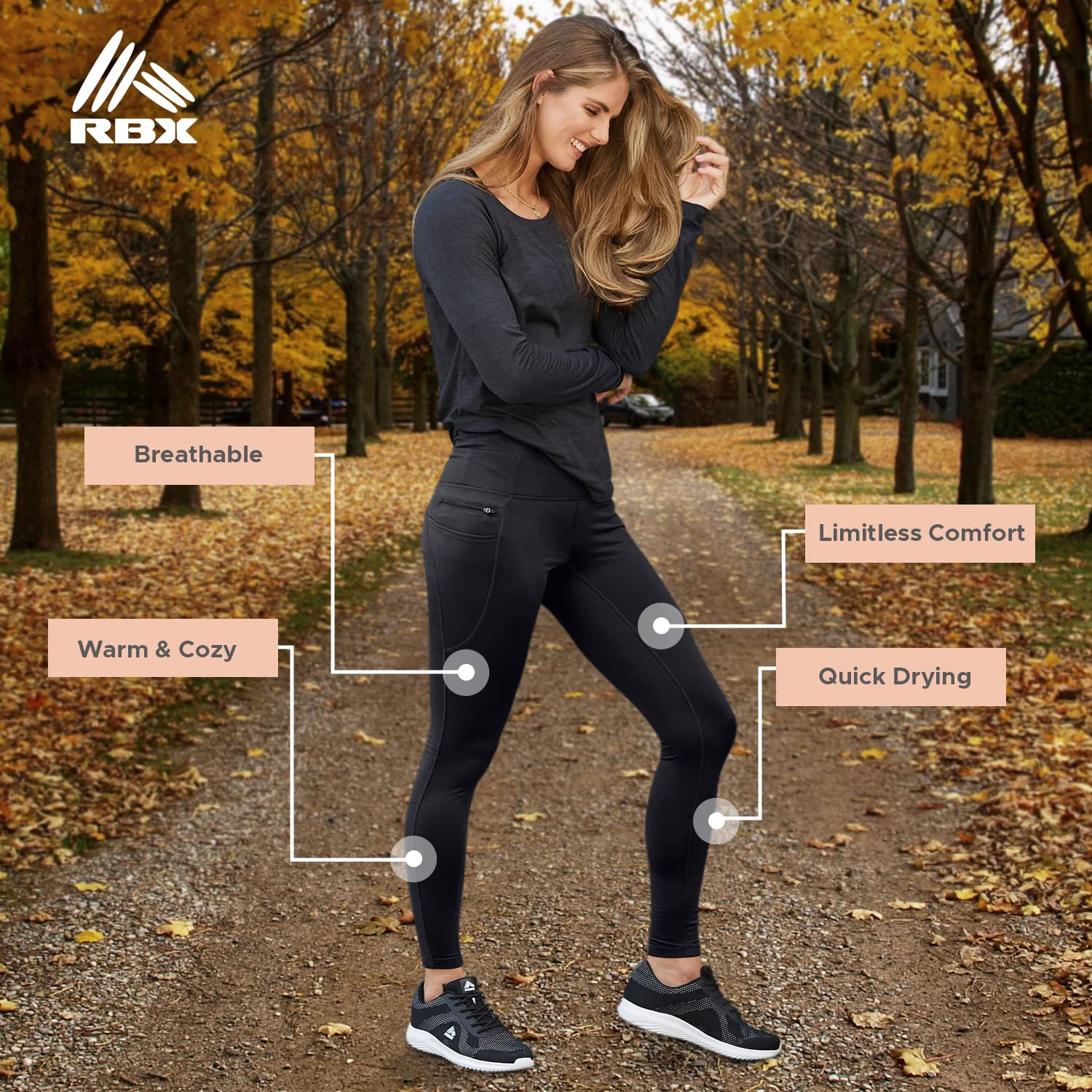 RBX Women's Fleece Legging Outdoor Running Fleece Lined Leggings with Zipper Pockets F19 Black S