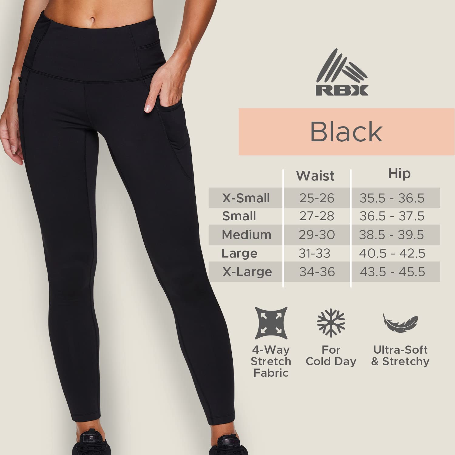 RBX Women's Fleece Legging Outdoor Running Fleece Lined Leggings with Zipper Pockets F19 Black S