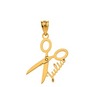 polished 10k yellow gold 1-1/8" x 7/8" scissors shears with your name customizable hairdresser pendant