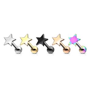 Amelia Fashion 16 Gauge Flat Star Cartilage/Tragus Stud 316L Surgical Steel (Choose Color) (Black)