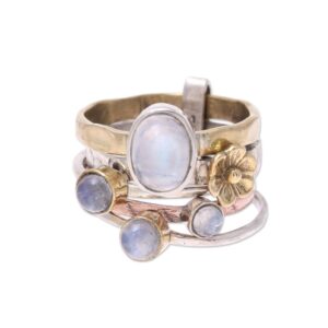 novica artisan handmade rainbow moonstone cocktail ring mixed metals floral from india copper .925 sterling silver brass clear multi gemstone 'rain flowers'