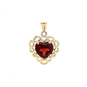 certified 14k yellow gold genuine garnet filigree heart-shaped pendant