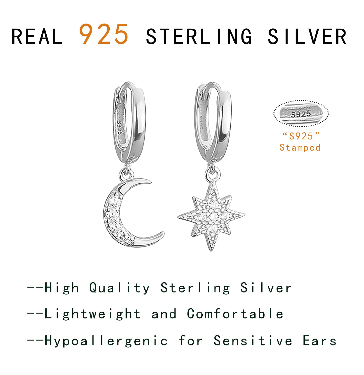 Reffeer 925 Sterling Silver Moon Star Dangle Earrings Hoop for Women Teens CZ Moon Star Hoop Earrings Huggie Dangle Earrings Asymmetrical (A-Silver)