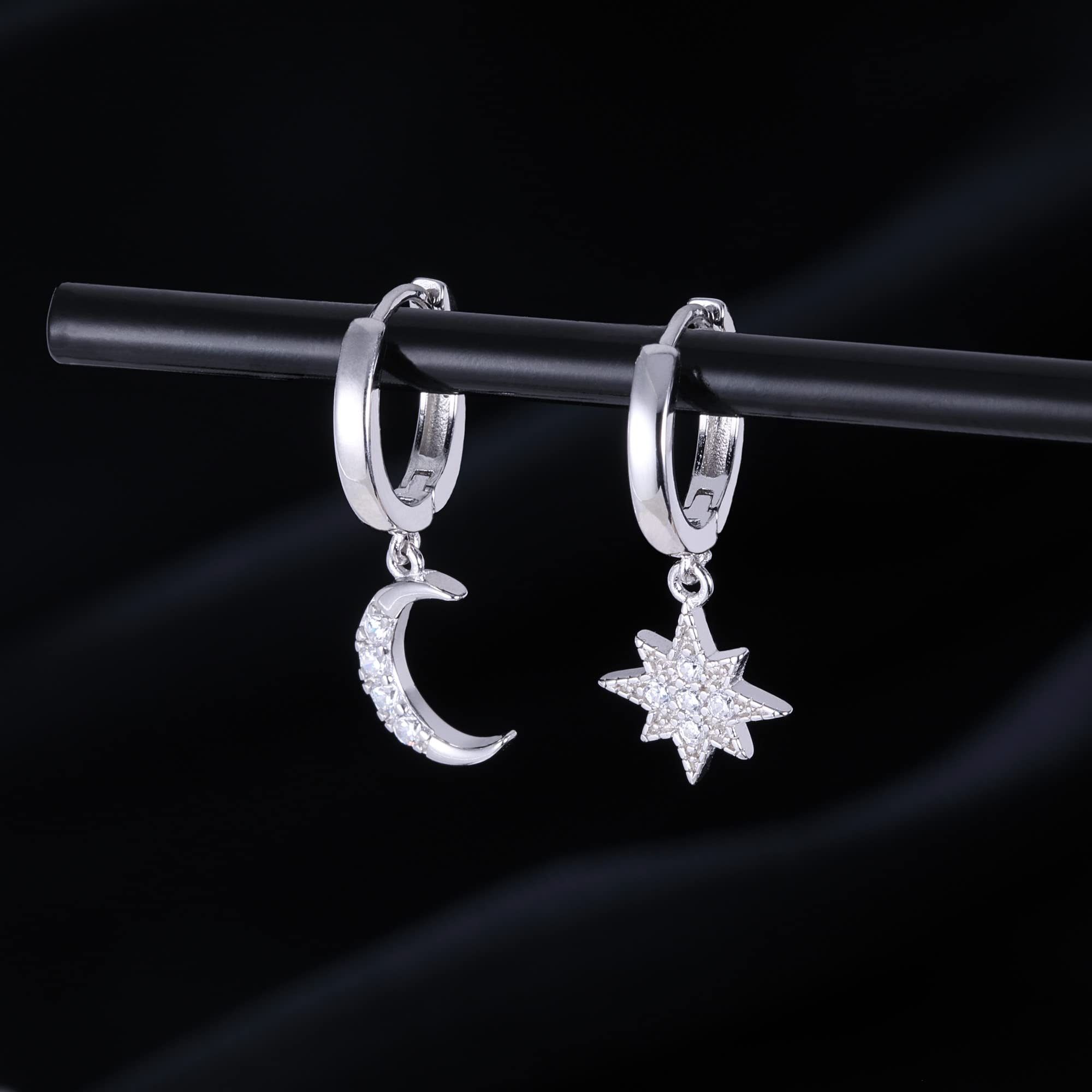 Reffeer 925 Sterling Silver Moon Star Dangle Earrings Hoop for Women Teens CZ Moon Star Hoop Earrings Huggie Dangle Earrings Asymmetrical (A-Silver)