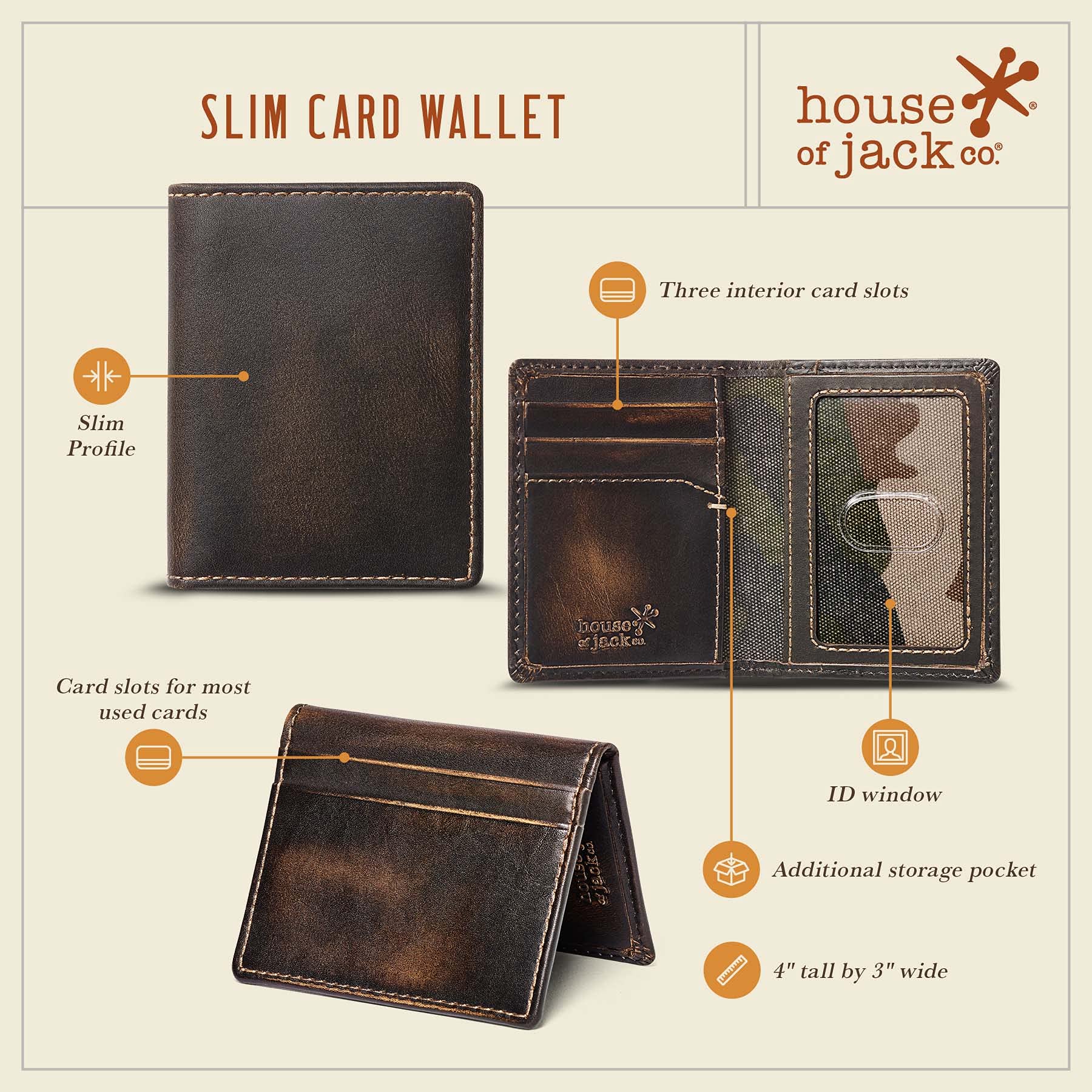 House of Jack Co. Slim Card Wallet | Bifold Credit Card Wallet For Men | Full Grain Cowhide | Minimalist Front Pocket Wallet | Mens Card Holder | Travel Wallet