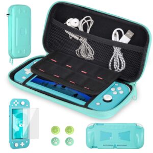 cobak carrying case for nintendo switch lite - with 1 screen protector, 1 grip case and 4 thumb grip caps, ultra slim premium eva travel pouch protective cover, 8 game cartridges, green