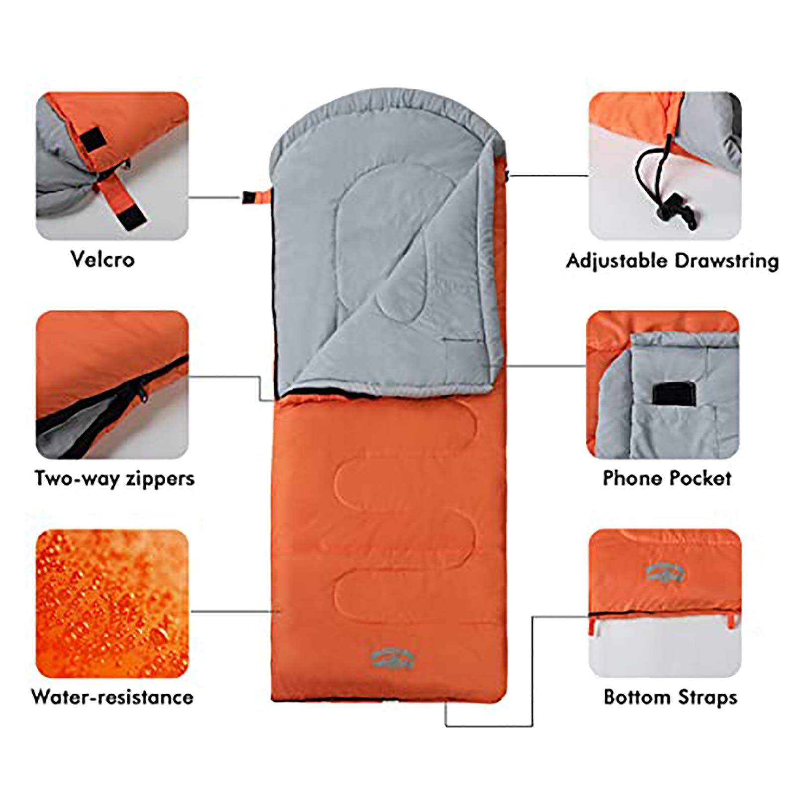 Pacific Pass 30F Synthetic Sleeping Bag with Compression Stuff Sack - Adult Size - Orange