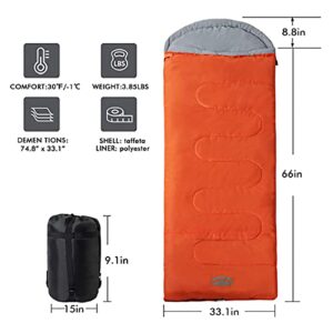 Pacific Pass 30F Synthetic Sleeping Bag with Compression Stuff Sack - Adult Size - Orange