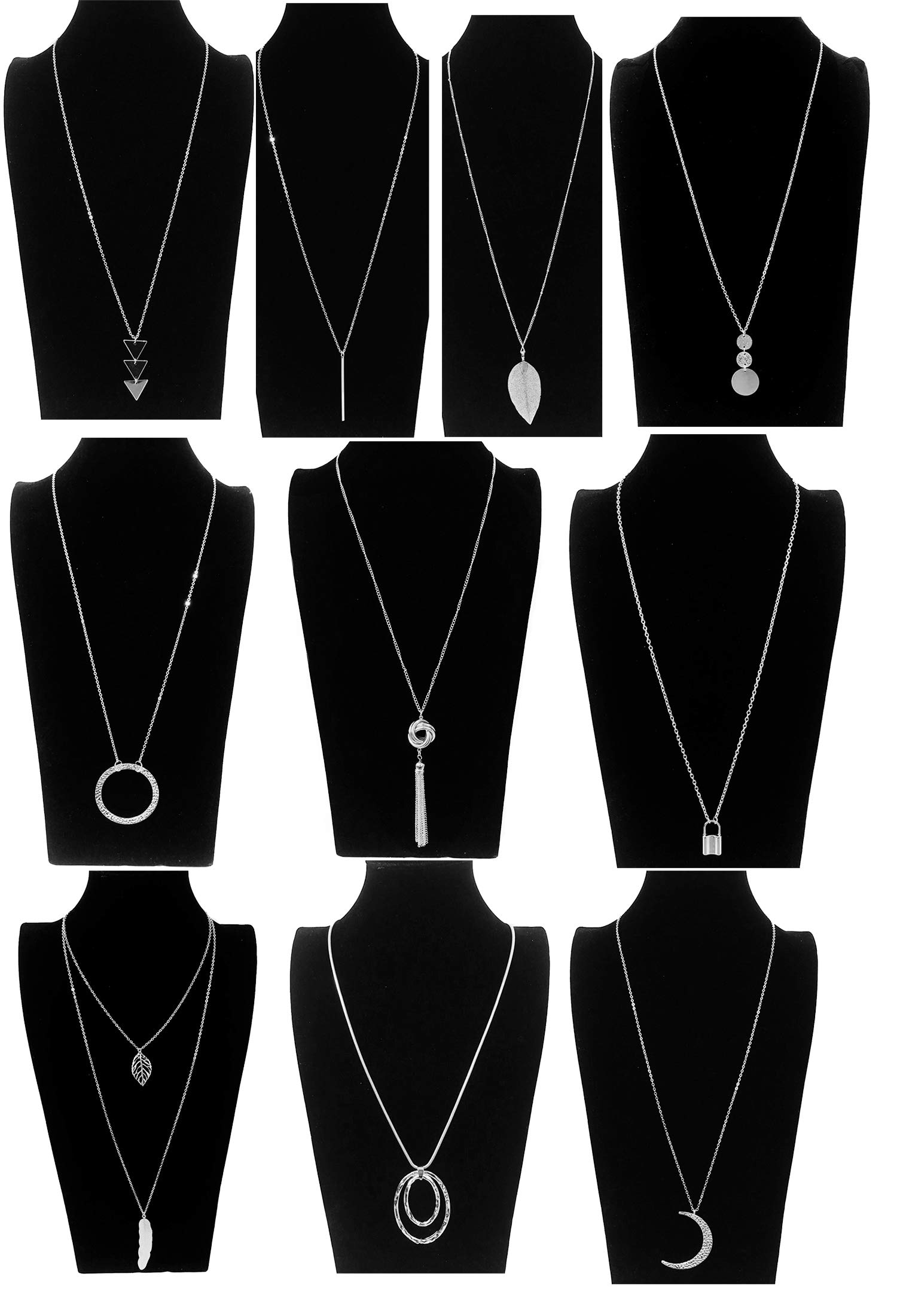 Ofeiyaa 10Pcs Long Pendant Necklace Simple Moon Bar Three Triangle Tassel Lock Sweater Y Shape Punk Chain Choker Necklace for Adults Women Silver Tone