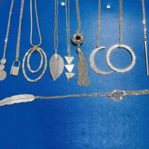 Ofeiyaa 10Pcs Long Pendant Necklace Simple Moon Bar Three Triangle Tassel Lock Sweater Y Shape Punk Chain Choker Necklace for Adults Women Silver Tone