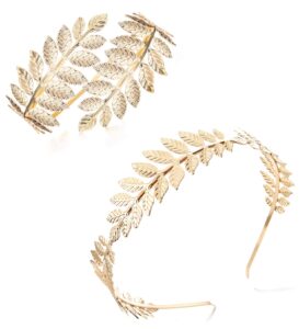 finrezio greek goddess headband arm cuff bridal jewelry set roman laurel leaf branch crown armlet upper arm band bracelet adjustable (a:gold tone)