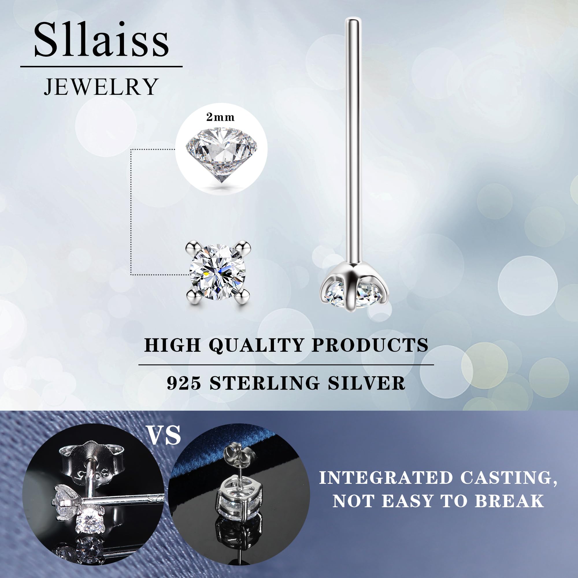 Sllaiss 2mm Sterling Silver Austria Zirconia Stud Earrings for Women Men, Platinum/Gold/Rose Gold Plated Tiny CZ Studs