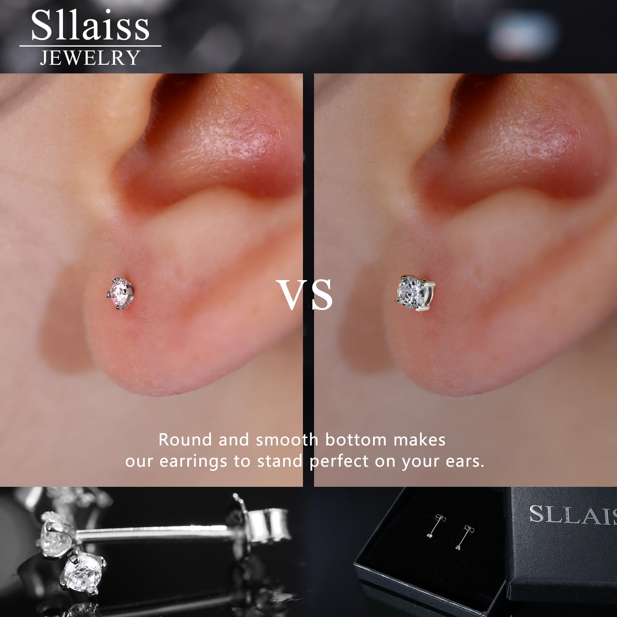 Sllaiss 2mm Sterling Silver Austria Zirconia Stud Earrings for Women Men, Platinum/Gold/Rose Gold Plated Tiny CZ Studs