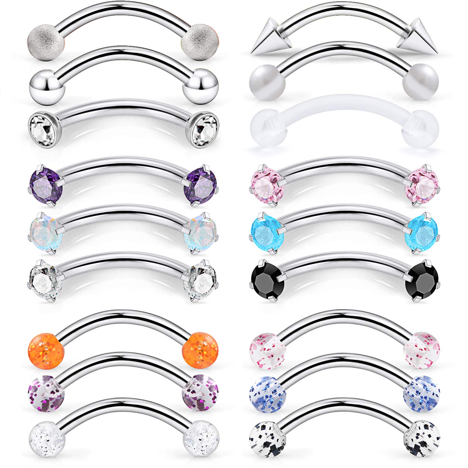 Lcolyoli 18 Pcs 16G Surgical Steel Eyebrow Piercing Rings Colorful Diamond CZ Curved Barbell Rook Daith Piercing Body Jewelry for Women Men Silver-tone 8mm 5/16 inch