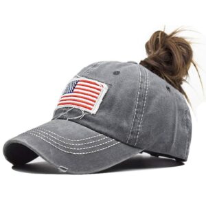 distressed ponytail hat for women american-flag pony tail caps high bun grey