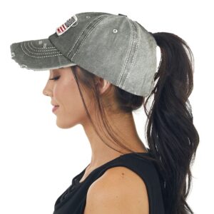 Distressed Ponytail Hat for Women American-Flag Pony Tail Caps High Bun Grey