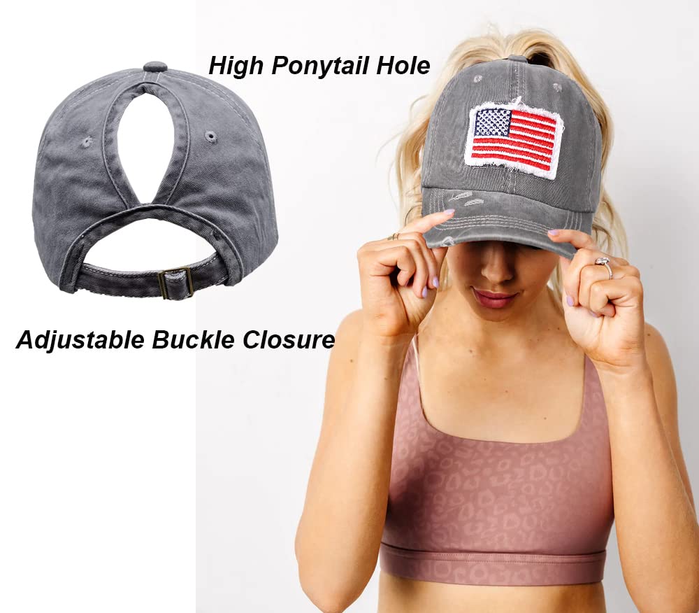 Distressed Ponytail Hat for Women American-Flag Pony Tail Caps High Bun Grey