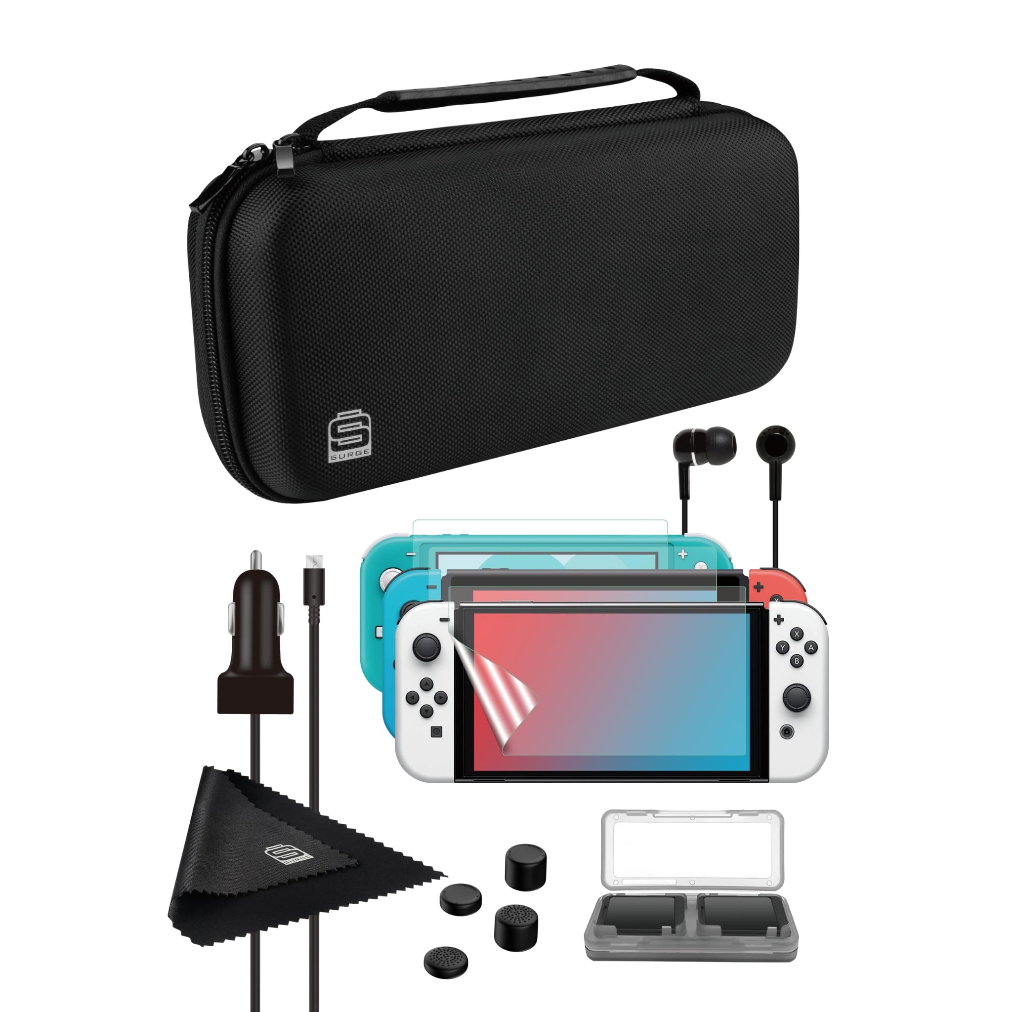 Accessory Kit for Nintendo Switch - SURGE Starterkit 2.0, 12-in-1 Accessory Starter Pack for Nintendo Switch, OLED Model & Lite, Protective EVA Case, Earbuds w/ Mic, 3x Screen Protectors, Thumb Grips, Game Storage, Cleaning Cloth