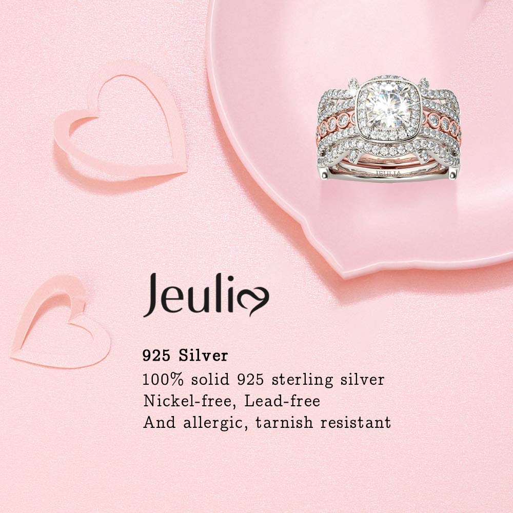 Jeulia Two Tone Interchangeable Rings Rose Gold Plated Engagement Rings Halo Round Cut Twisted Bridal Set Sterling Silver Wedding Anniversary Promise Rings (7)