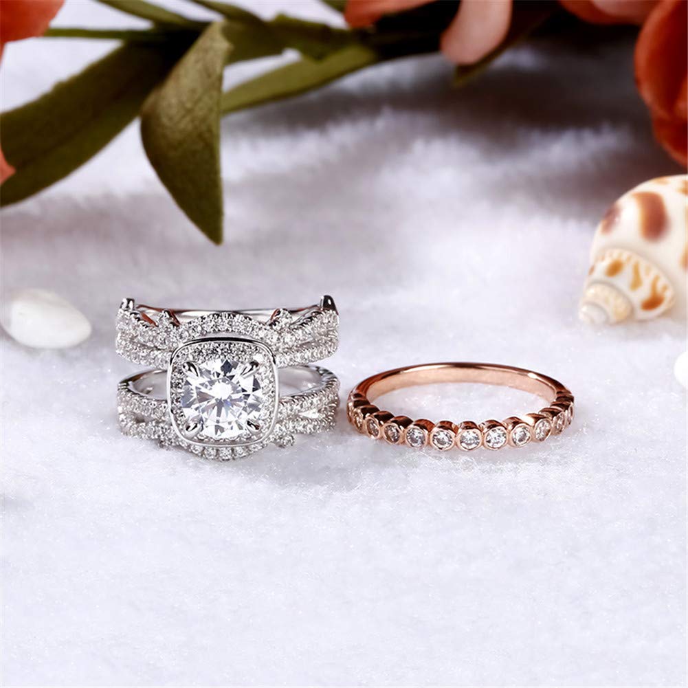 Jeulia Two Tone Interchangeable Rings Rose Gold Plated Engagement Rings Halo Round Cut Twisted Bridal Set Sterling Silver Wedding Anniversary Promise Rings (7)