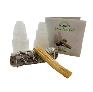 2 selenite natural towers skyscraper 4" tall, 1 california white sage smudge stick 4" and 1 palo santo stick from perú - salvia- protection from negative energy reiki chakra crystal healing