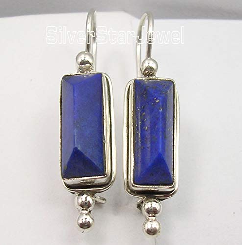 SilverStarJewel Original Navy Blue Rectangle Lapis Lazuli Earrings 3.8 cm 925 Solid Silver