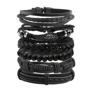 mafnee manfnee 6pcs braided pu leather bracelet punk rock cuff wrap bracelets for men women adjustable black